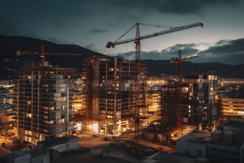 Building Under Construction at Night. Generative AI Stock Illustration ...
