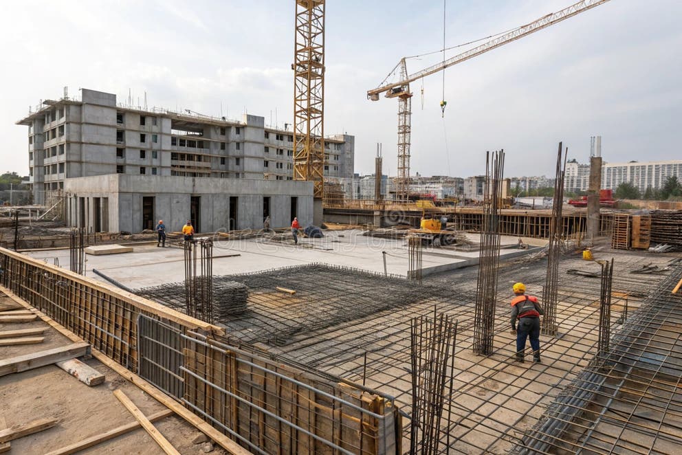 Building Under Construction with Rebar and Foundation Work Stock ...