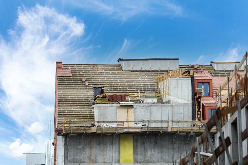 Building Under Construction and Roof with Framework Stock Image - Image ...