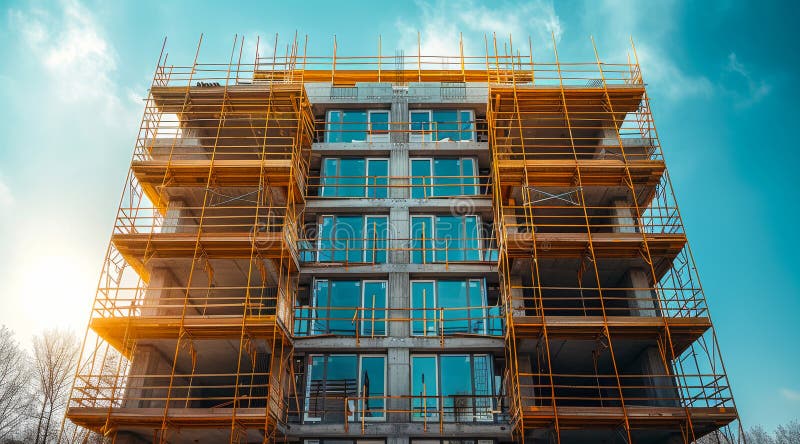 A Building Under Construction with Scaffolding and a Blue Sky in the ...