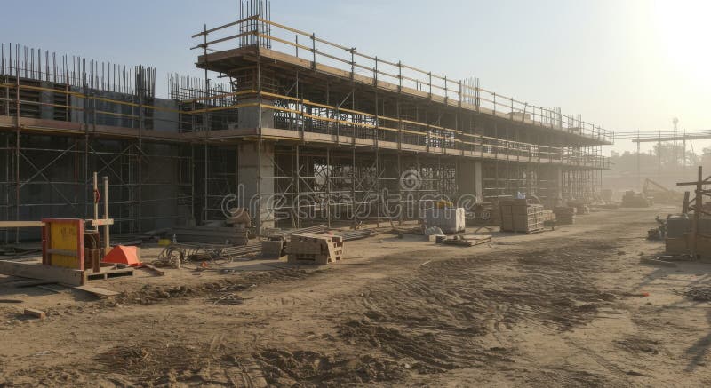 Building Under Construction with Scaffolding and Rebar on a Dusty ...