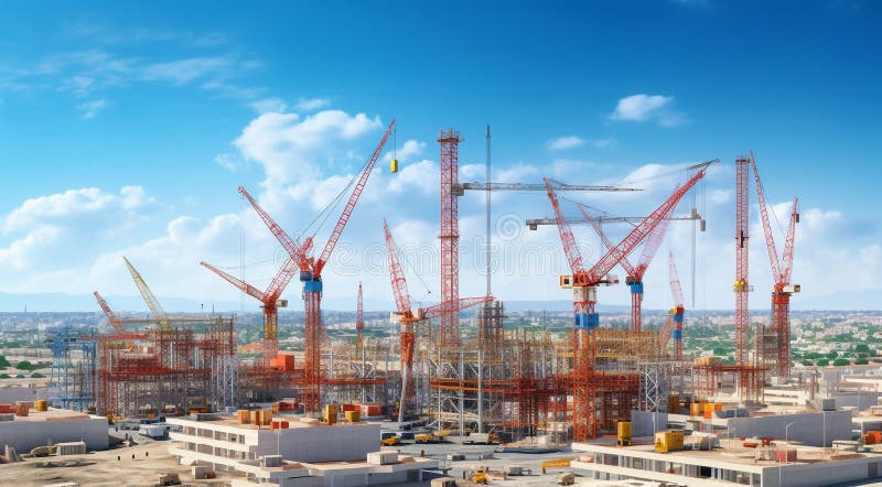 Building Under Construction, Construction Site with Cranes Stock ...