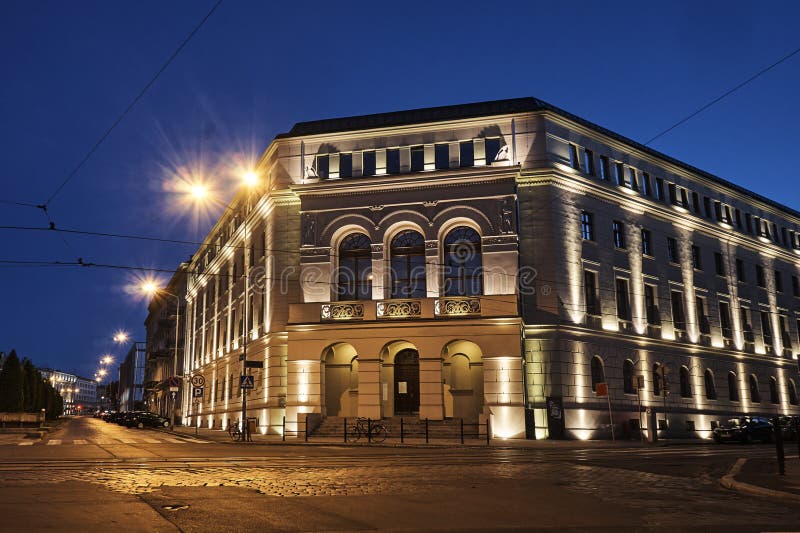 Building University Arts by Night Stock Image - Image of street ...