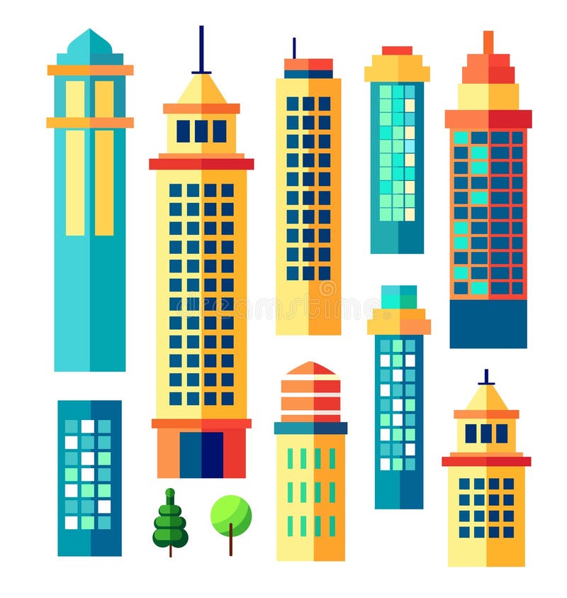 Building Vector Set Illustrations of a Color Silhouette of City ...