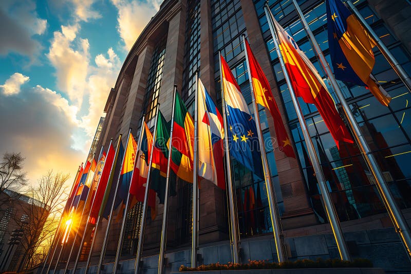 The Building is Very Tall and Has Flags Flying in Front Stock Photo ...