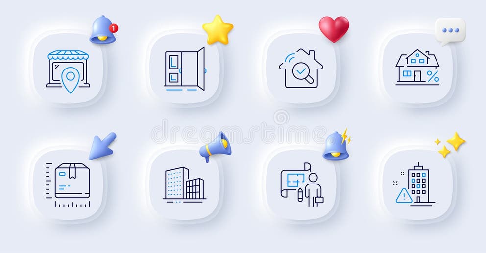 Building Warning, Open Door and Package Size Line Icons. for Web App ...