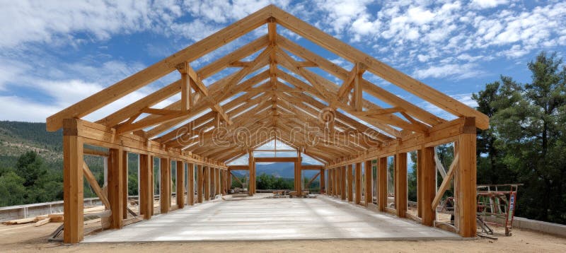 Building Wooden Roof Framework Construction Timber Frame House Stock ...