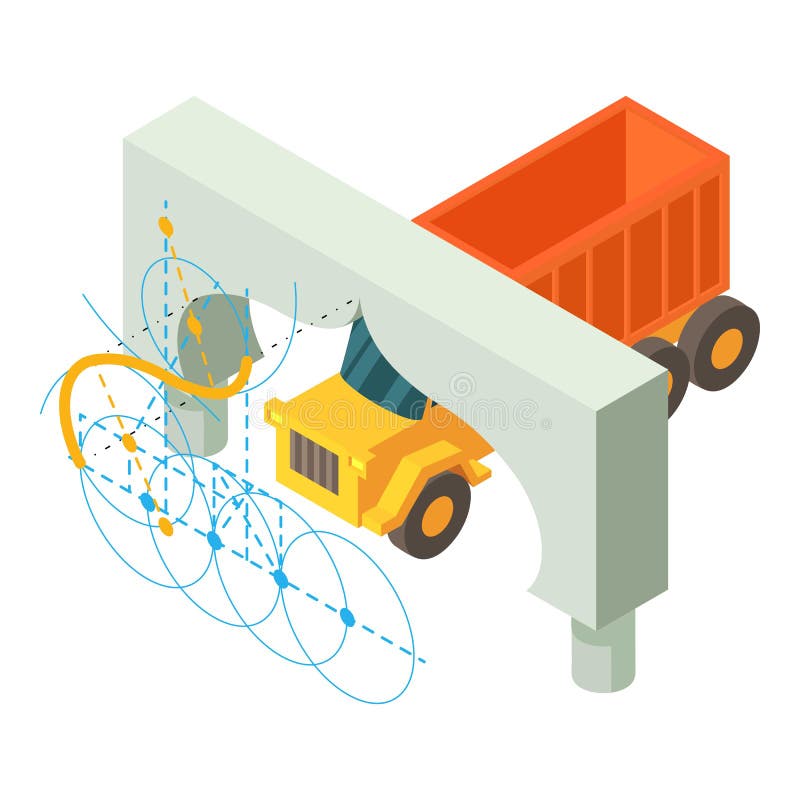 Building Work Icon Isometric Vector. Arch Project and Yellow Dump Truck ...