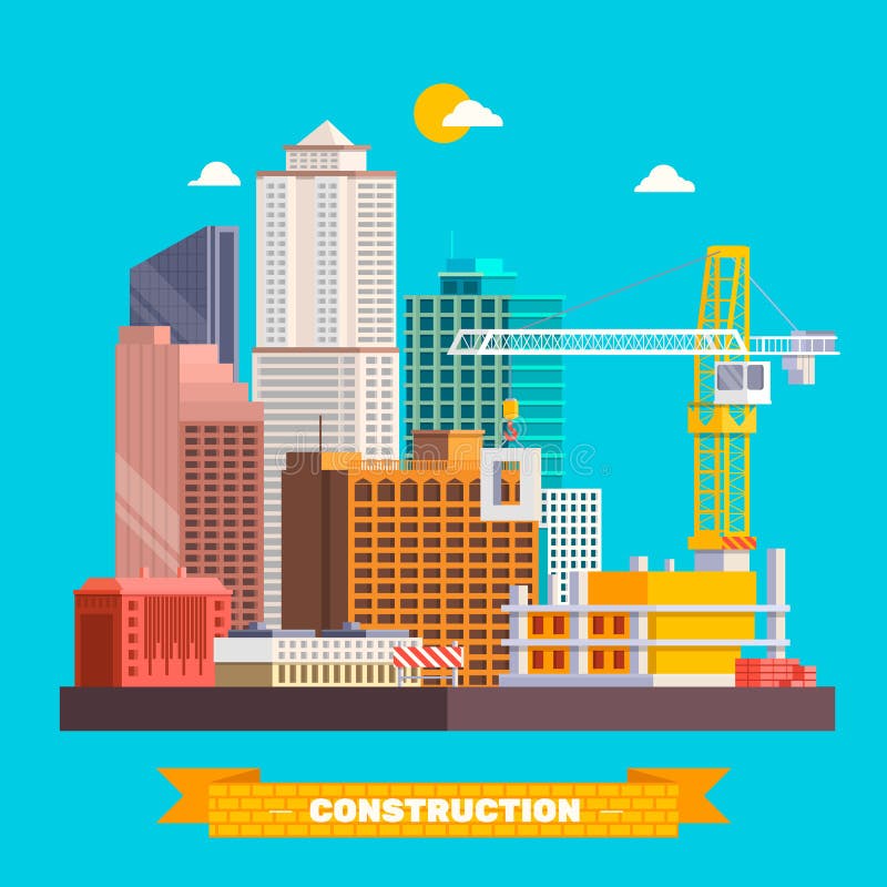 Building Work Process with Houses and Construction Machines Stock ...