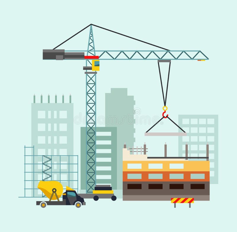 Building Work Process With Houses And Construction Machines. Vector ...