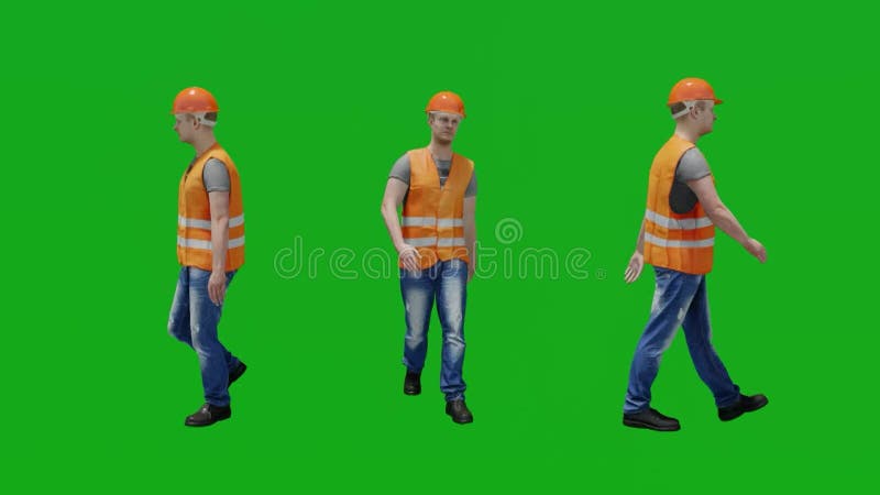 Building Worker Work Clothes Walking at Three Different Angles Green ...