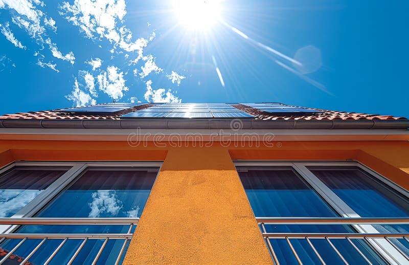 A Building with a Yellow Exterior and Blue Windows Stock Image - Image ...