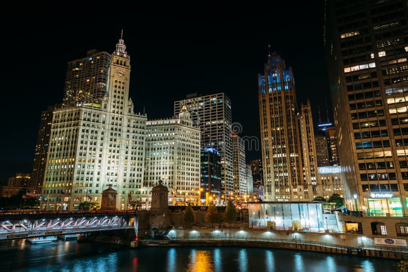 Buildings Along the Chicago River at Night, in Chicago, Illinois ...
