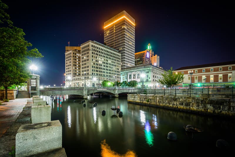 Buildings in Downtown and the Providence River at Night, in Prov Stock ...