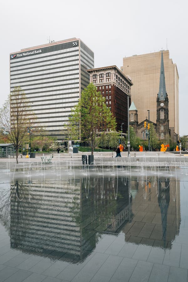Buildings in Downtown Reflecting at Public Square, in Cleveland, Ohio ...