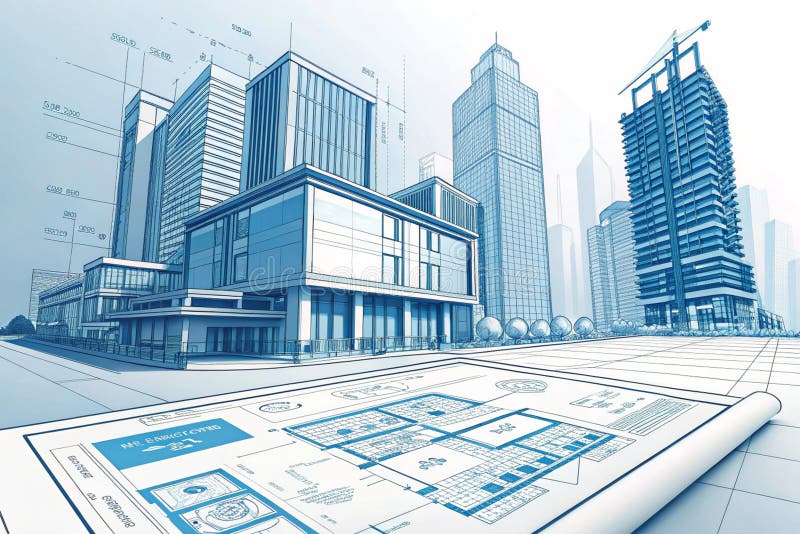 Buildings Drawn with Perspective Lines, Blue Lines. Architecture and ...