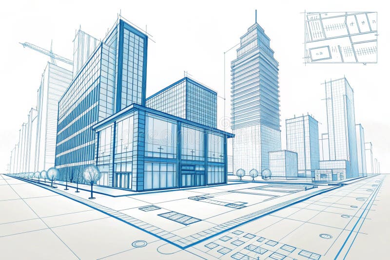 Buildings Drawn with Perspective Lines, Blue Lines. Architecture and ...
