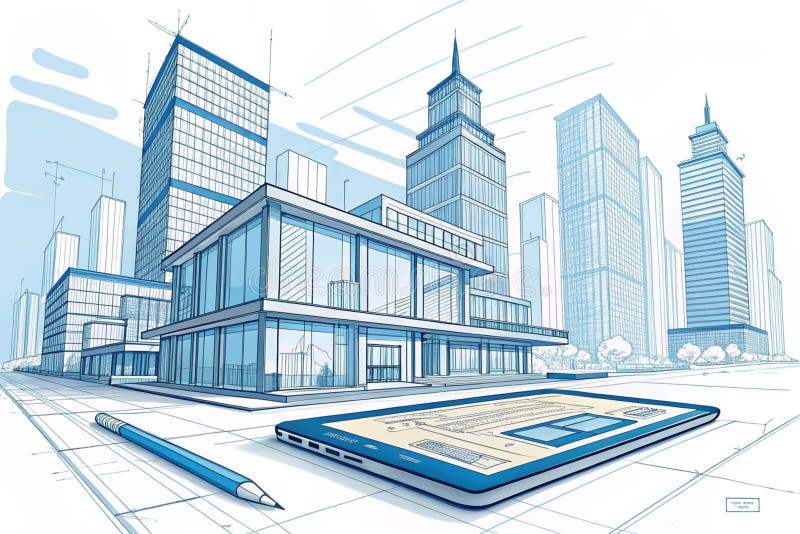Buildings Drawn with Perspective Lines, Blue Lines. Architecture and ...