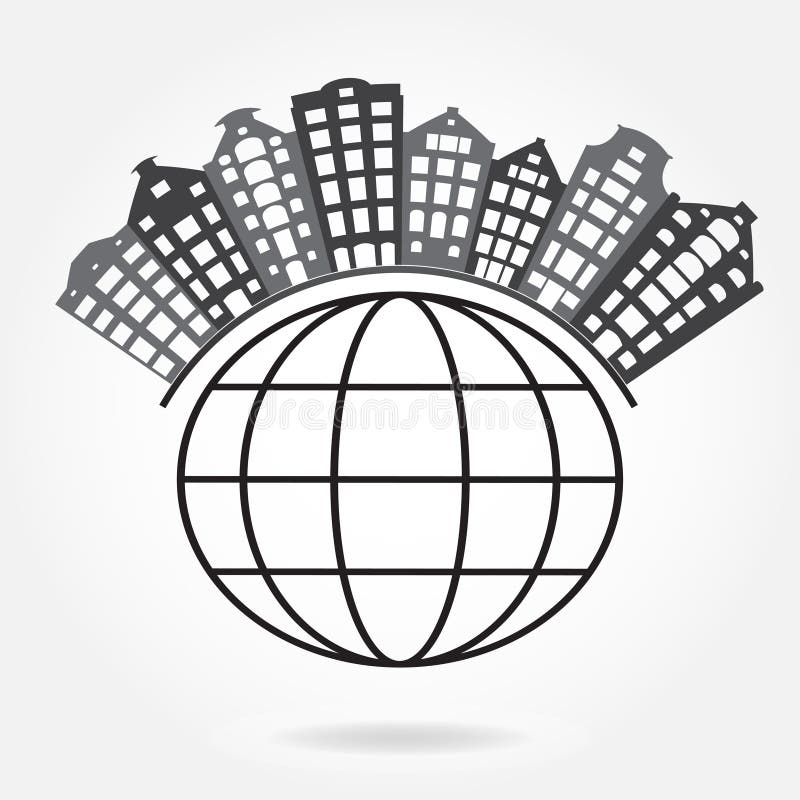 Buildings on Earth Globe Icon or Sign. Vector Illustration. Stock ...