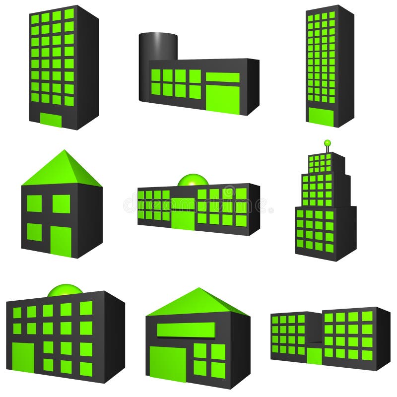 Buildings Icon Set in 3d stock illustration. Illustration of green ...