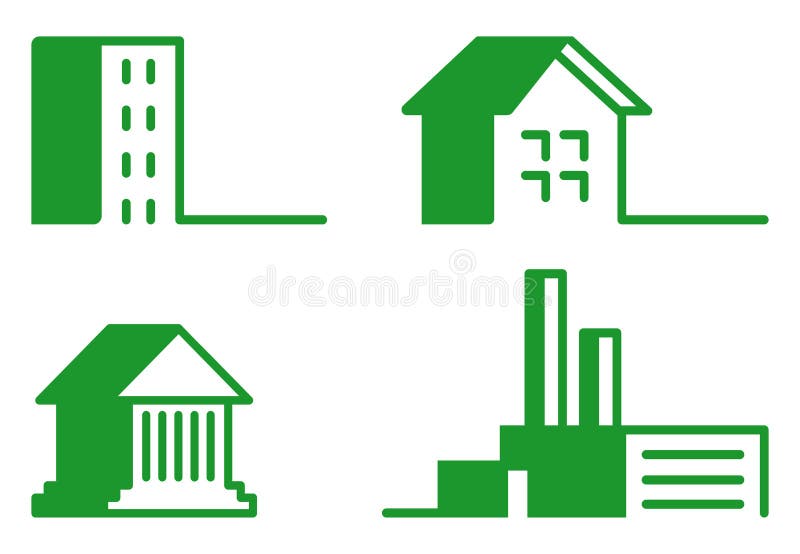 Set of Different Buildings, Office Center, Powerhouse, Factory and ...