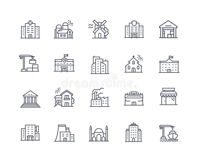 Buildings Icons Outline Set Stock Vector - Illustration of home ...
