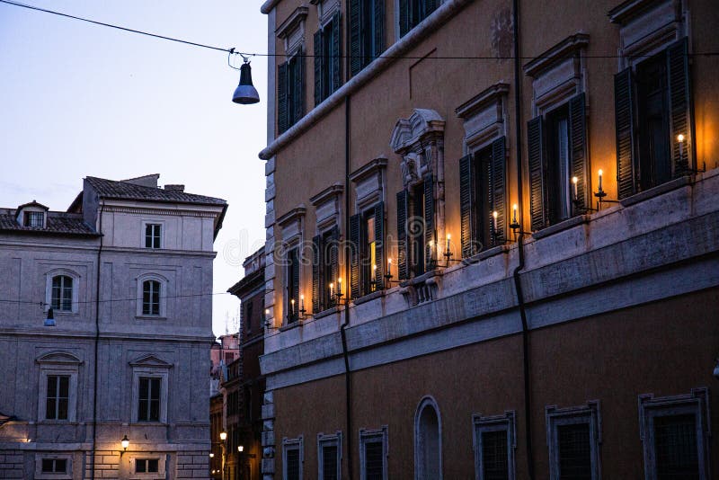 Buildings with Illumination Under Blue Sky in Rome Stock Image - Image ...
