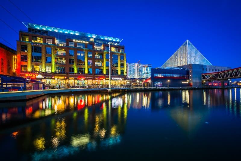Buildings in the Inner Harbor at Night, in Baltimore, Maryland ...