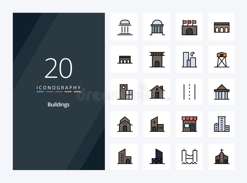 20 Buildings Line Filled Icon for Presentation Stock Vector ...