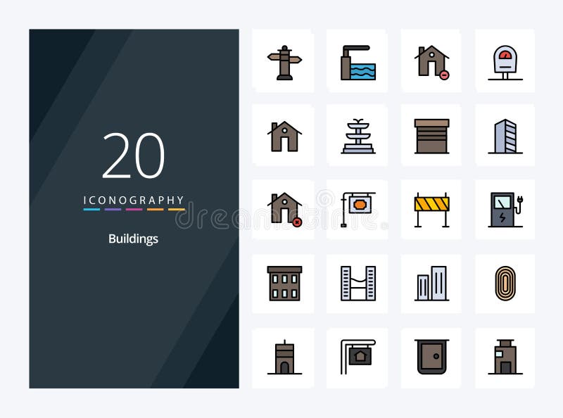 20 Buildings Line Filled Icon for Presentation Stock Vector ...