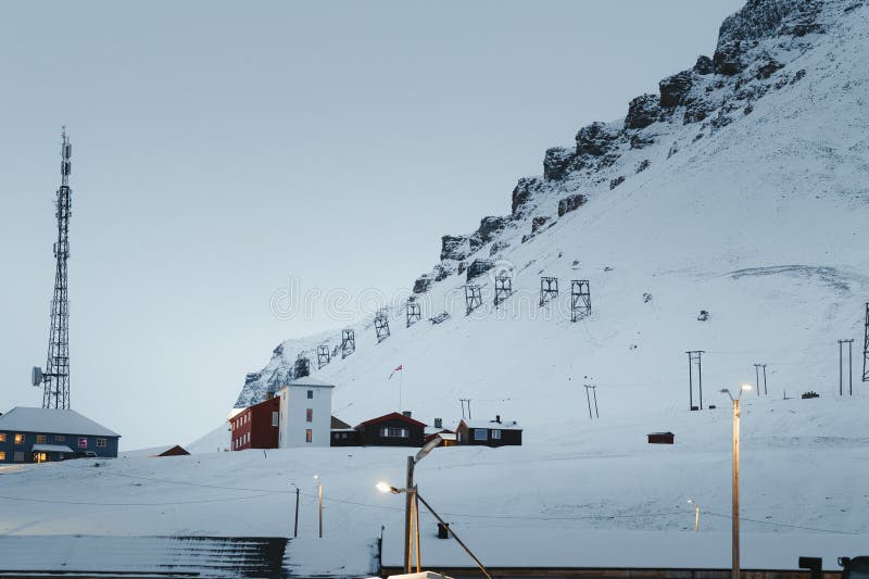 Buildings Next To Aerial Mining Cableway in Longyearbyen, Svalbard ...