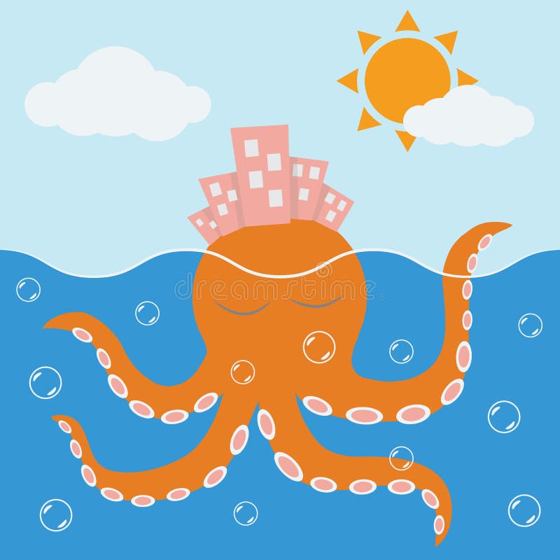 Buildings on octopus head. stock illustration. Illustration of squid ...