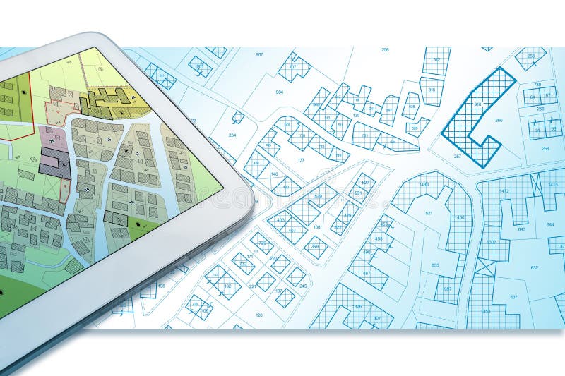 BUILDINGS PERMIT CONCEPT with IMAGINARY CADASTRAL MAP on DIGITAL TABLET ...