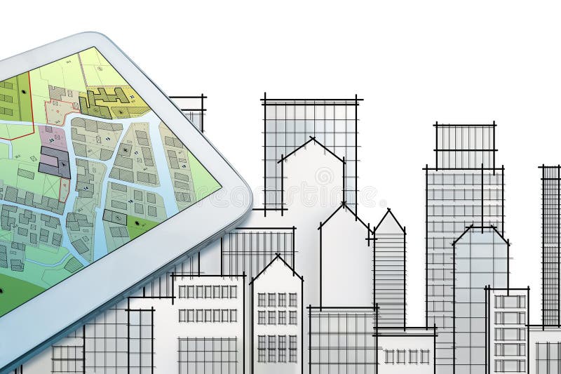 BUILDINGS PERMIT CONCEPT with IMAGINARY CADASTRAL MAP on DIGITAL TABLET ...