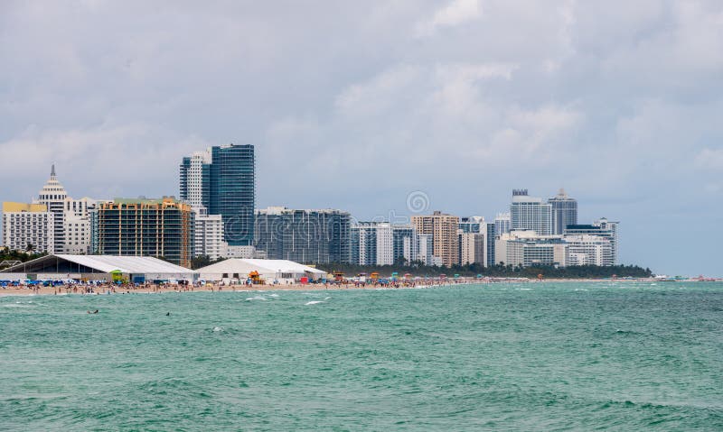 Buildings Skyline and Beach in Miami Beach Florida with Blue Skies ...