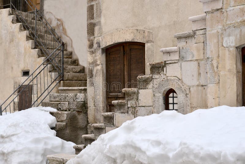 Buildings in the snow stock photo. Image of christian - 86533658