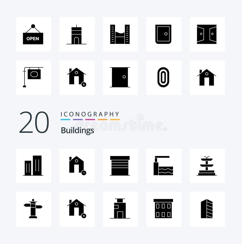 20 Buildings Solid Glyph Icon Pack. Like Fountain. Springboard. House ...