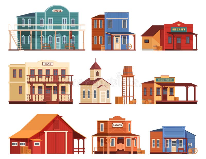 Buildings in the Style of the Wild West. Old Wooden Houses of Different ... Buildings in the Style of the Wild West. Old Wooden Houses of Different ...