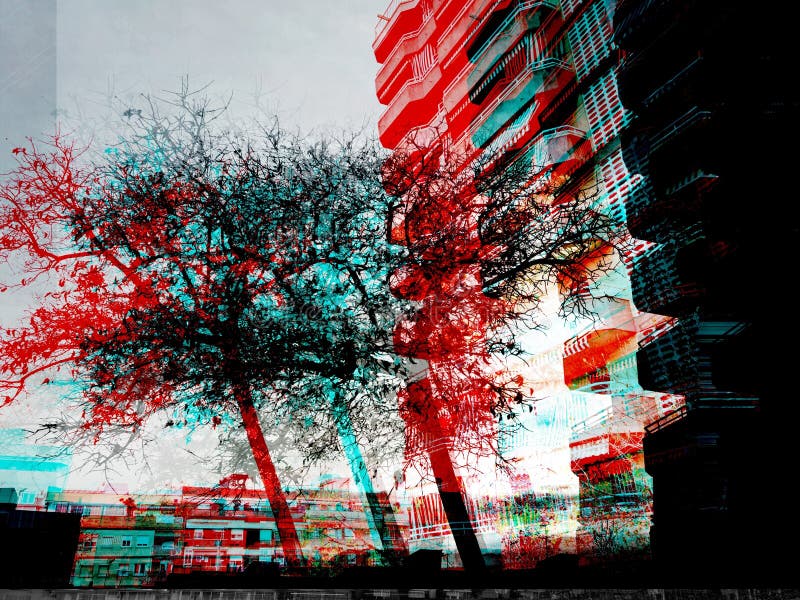 Buildings and Trees, Abstract Art Background Glitch Stock Image - Image ...