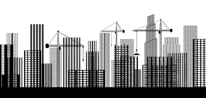 Buildings Under Construction in Monochrome Style. Work Process on Site ...