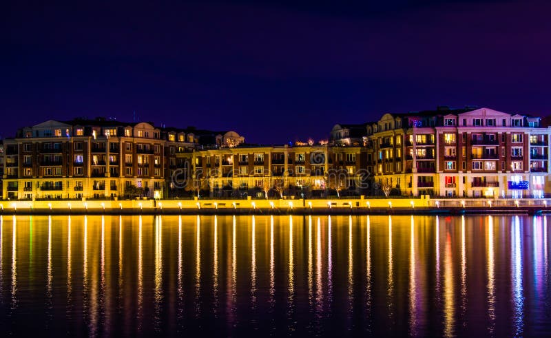 Buildings on the Waterfront at Night in the Inner Harbor, Baltimore ...