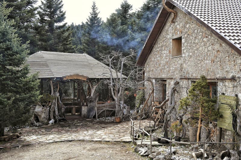 Buildings with Wooden Creations in the Forest Stock Image - Image of ...