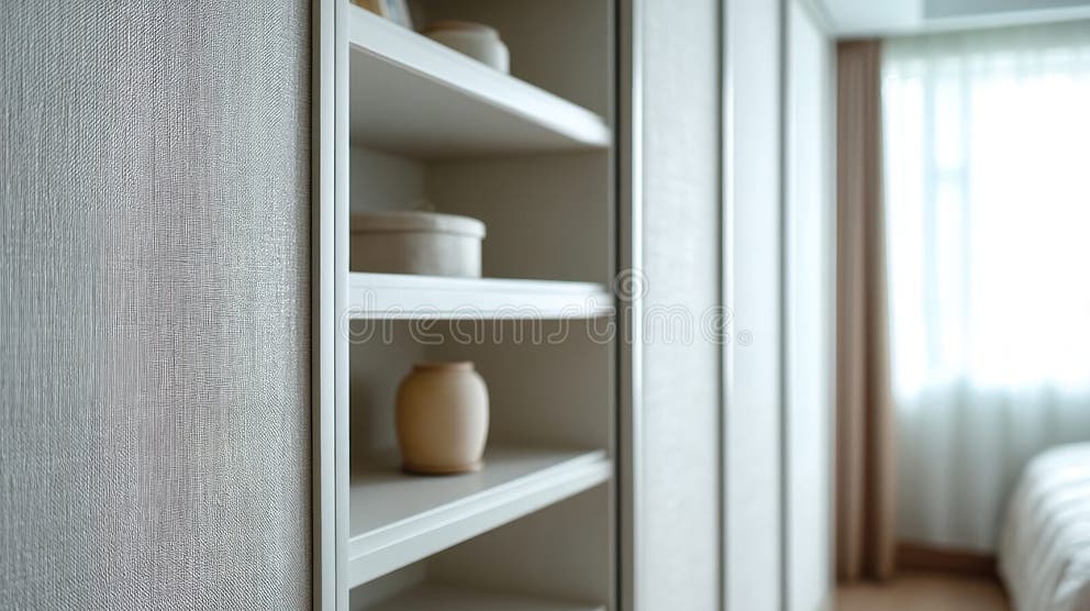 A Built-in Closet Features Interior Shelving with Decorative Elements ...