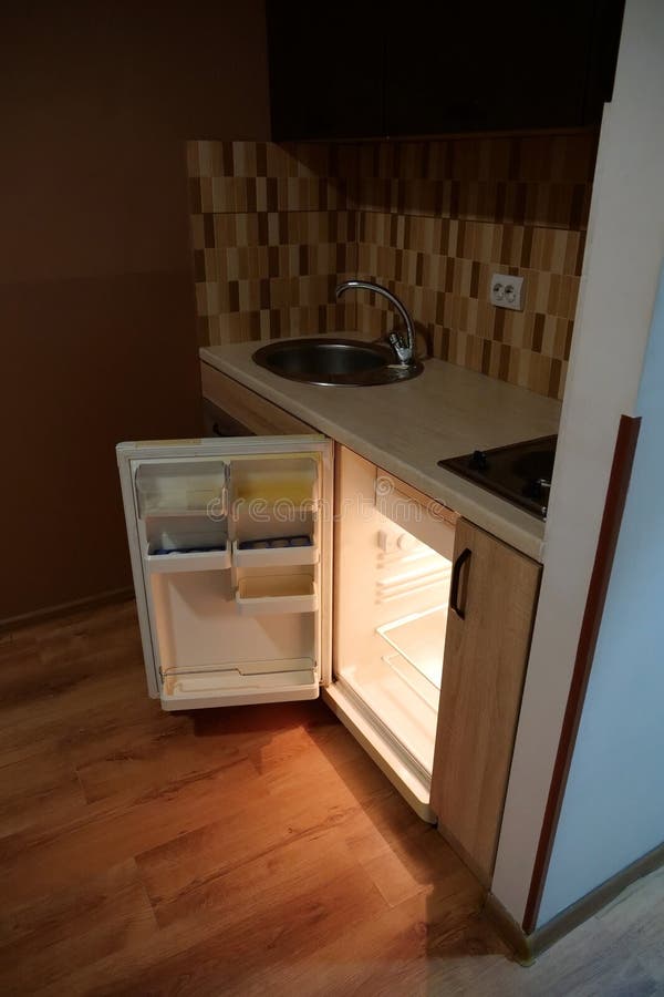 Mini Fridge with Open Door in the Kitchen Stock Image - Image of ...