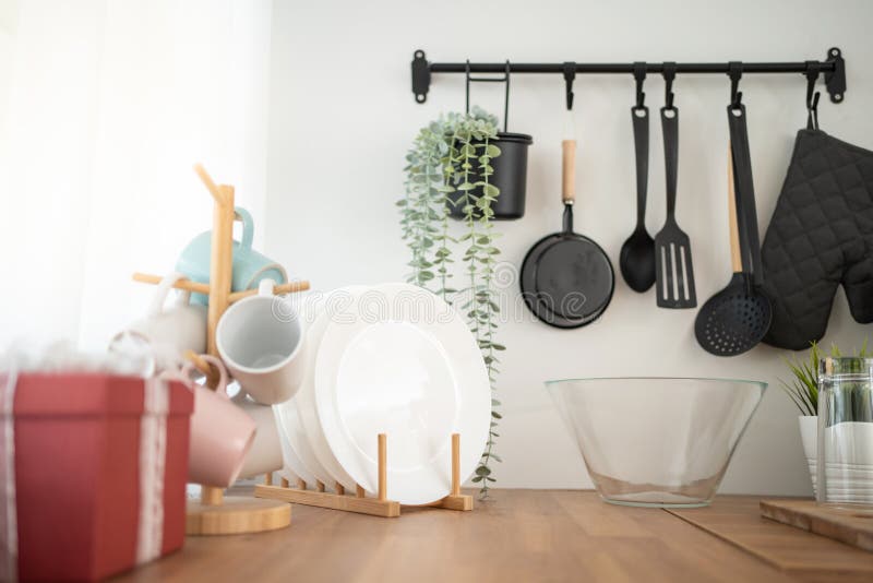 Built in Kitchen Counter and Kitchenware in the Cooking Room. Wood ...