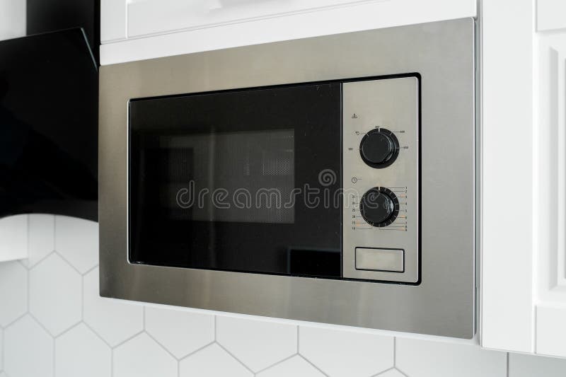 Built-in Metal Microwave Oven on Kitchen Stock Image - Image of white ...