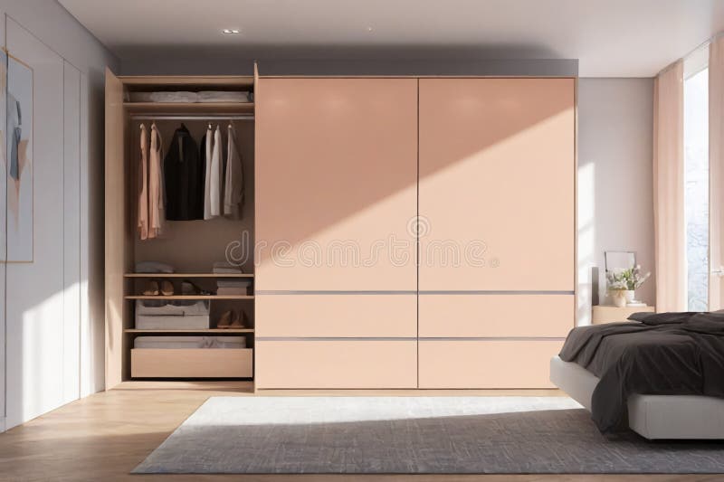 Built in Peach Color Wardrobe in Bedroom with Big Window Stock Image ...