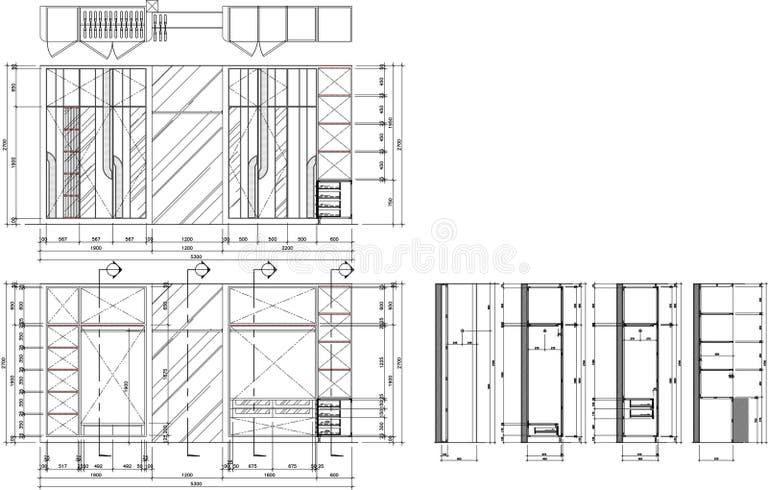 Built-in Wardrobe Design with Central Mirror and Hanging Rod Vector ...