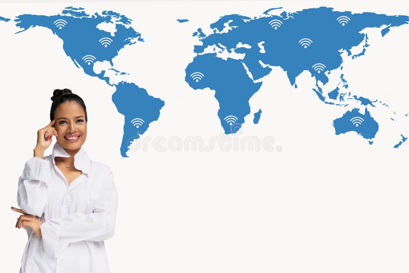 Buiness Women Thinking on World Map Network and Wireless Communication ...