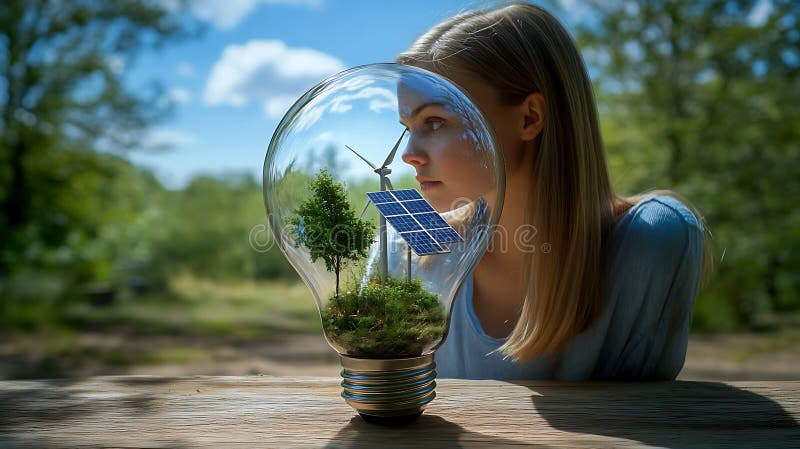 Bulb Filled with Greenery, Solar Cells, and Wind Turbines Inside. Stock ...